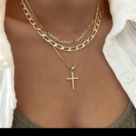 ️ ️new ️ ️ Gorgeous Gold Cross Triple Chain Layered Necklace Ideias