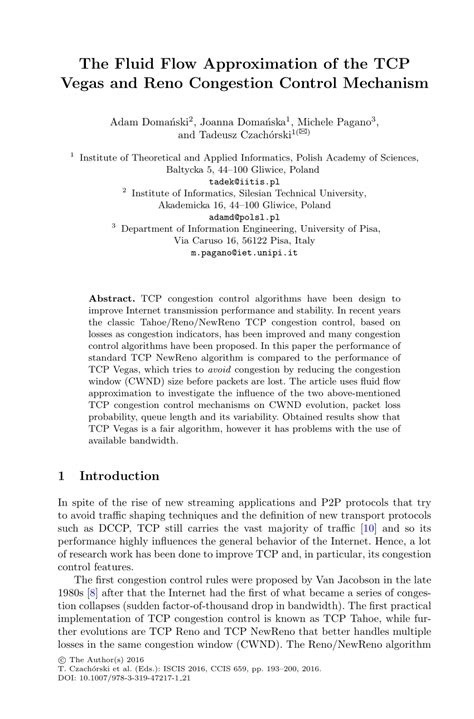 Pdf The Fluid Flow Approximation Of The Tcp Vegas And Reno Congestion