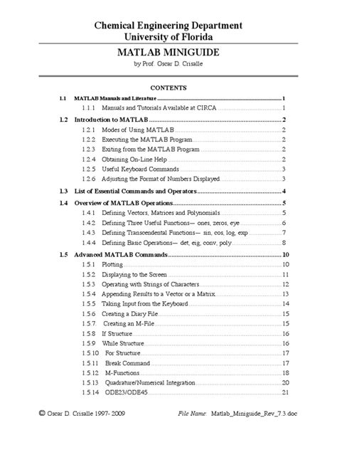 chemical engineering department university of florida matlab miniguide