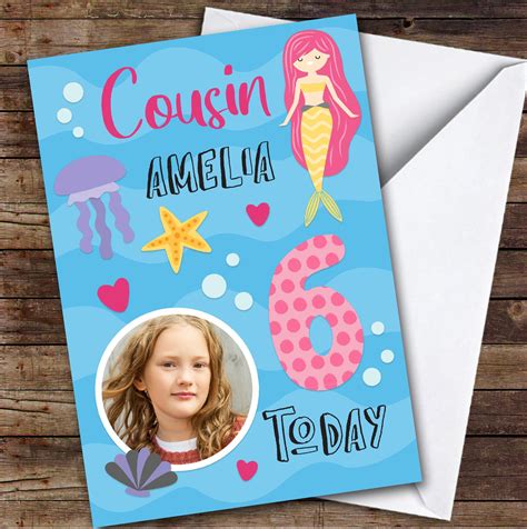 Girls Mermaid Under The Sea Photo Cousin 6th Birthday Personalized Card Red Heart Print