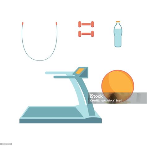 기호 평면 디자인 아이콘 세트입니다 벡터 Infographics 스포츠 장비 요소입니다 대 한 건강 한 생활양식 아령 밧줄 공 육상 트랙 및 갈증을 풀기 위해 물 한 병