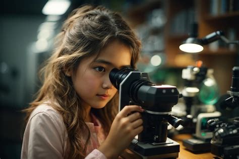Premium Photo Cute Girl Looking Through Microscope