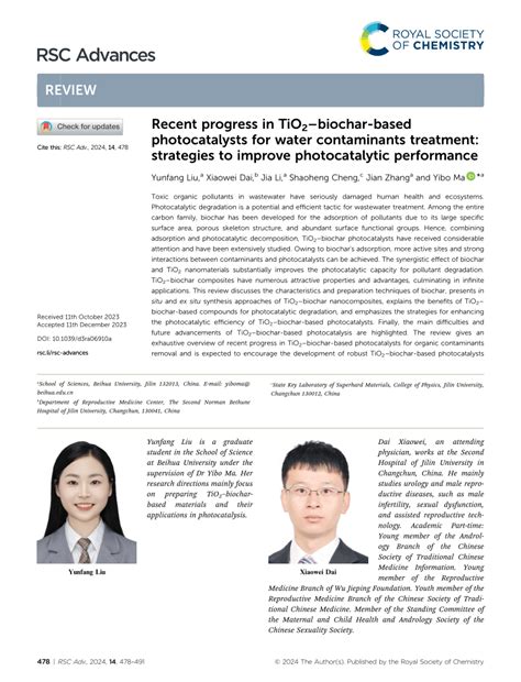 Pdf Recent Progress In Tio2 Biochar Based Photocatalysts For Water