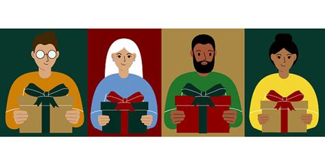많은 여성과 남성들이 선물 상자를 들고 있습니다 포스터 엽서 배너 개념에 대한 스톡 벡터 아트 및 기타 이미지 개념 공휴일