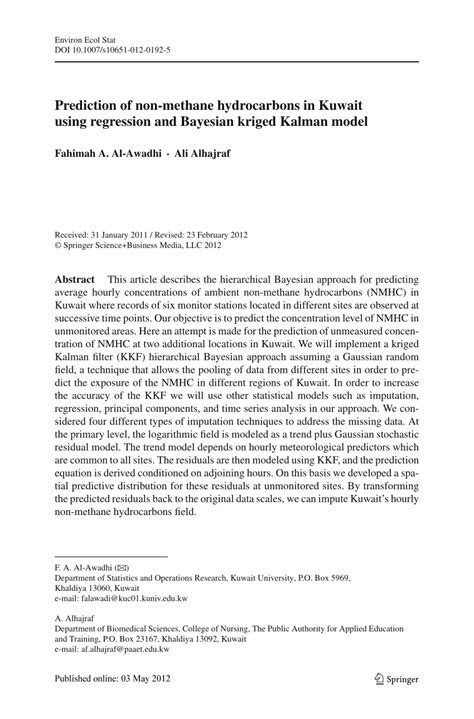 Pdf Prediction Of Non Methane Hydrocarbons In Kuwait Using Regression And Bayesian Kriged