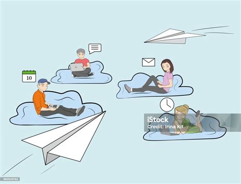 젊은 사람들은 노트북 및 가제트와 함께 구름에 앉아 있다 네트워크에서 통신 하 고 구름에 데이터를 저장의 개념 벡터 일러스트 레이 션 가족에 대한 스톡 벡터 아트 및 기타