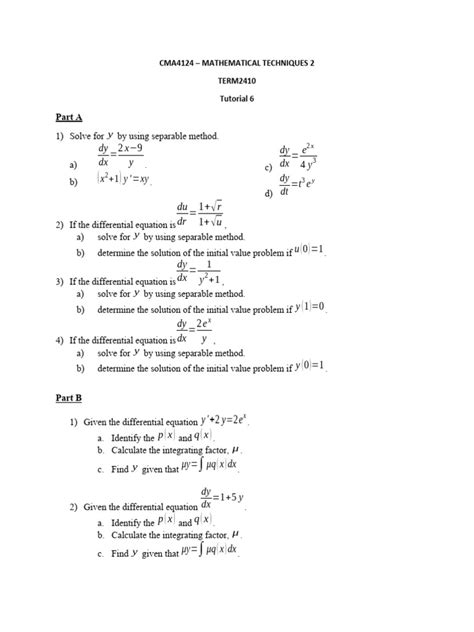 Tutorial 6 Pdf Equations Ordinary Differential Equation