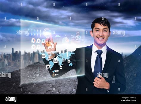 Happy Businessman Touching Interface Stock Photo Alamy