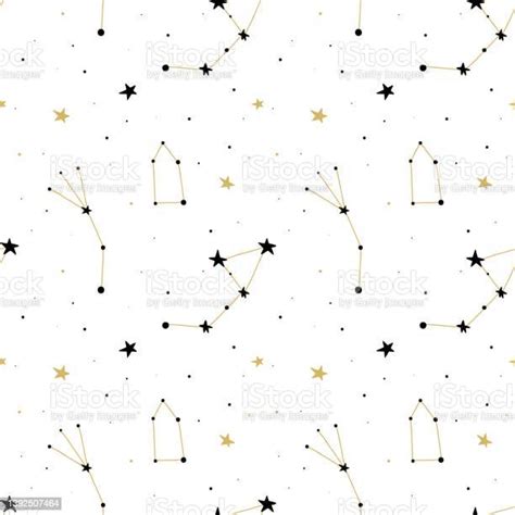 별자리와 별이 매끄러운 패턴입니다 흰색 배경에 검은 색과 금색 천체 우주 벽지 천문학 및 점성술 배경 조디악 별자리 요소 벡터 격리 인쇄 0명에 대한 스톡 벡터 아트 및