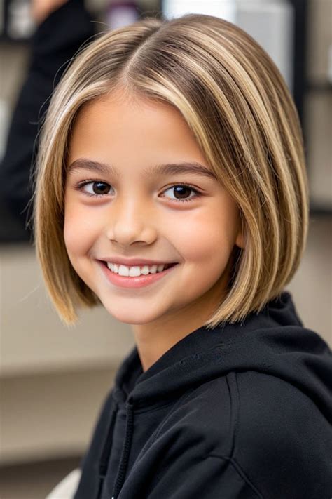 Blunt Bob With Subtle Blonde Highlights For 10 Year Old Girls
