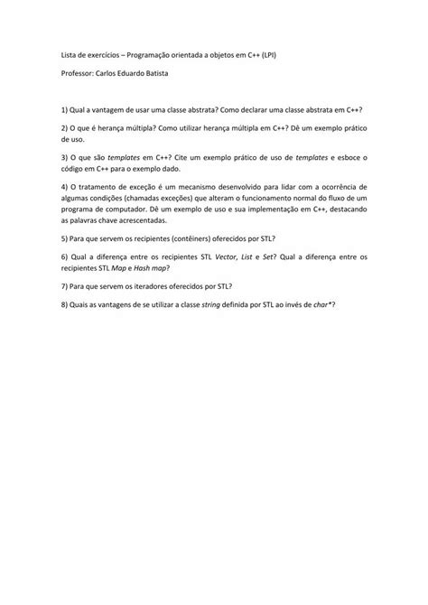 pdf lista de exercícios programação orientada a objetos em c