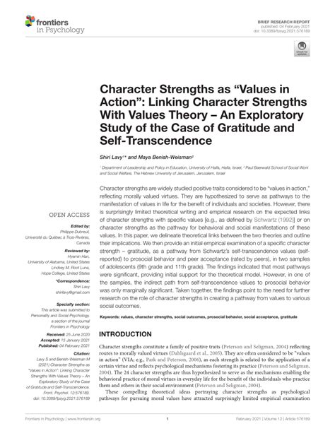 Pdf Character Strengths As “values In Action” Linking Character Strengths With Values Theory