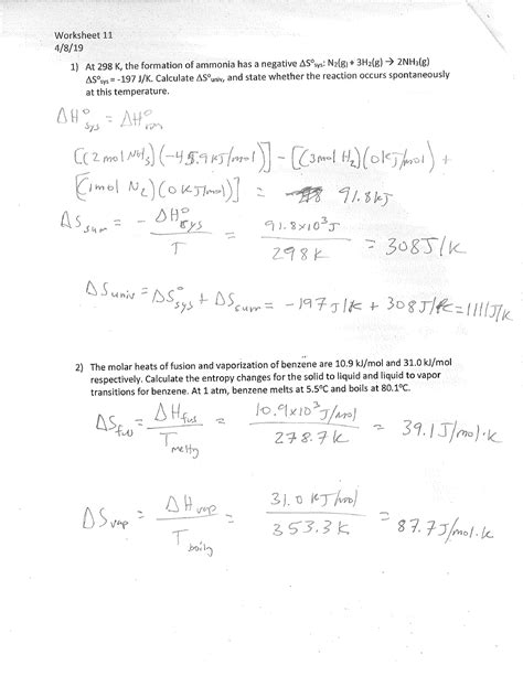 Worksheet 11 Answers Answer Key To The Practice Questions On Calculating Entropy Standard