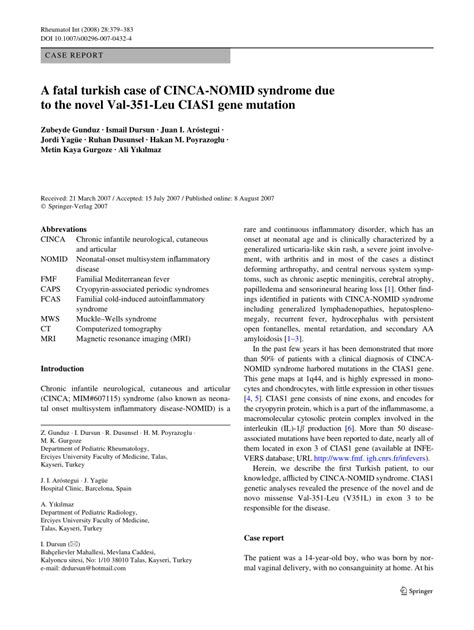 Pdf A Fatal Turkish Case Of Cinca Nomid Syndrome Due To The Novel Val