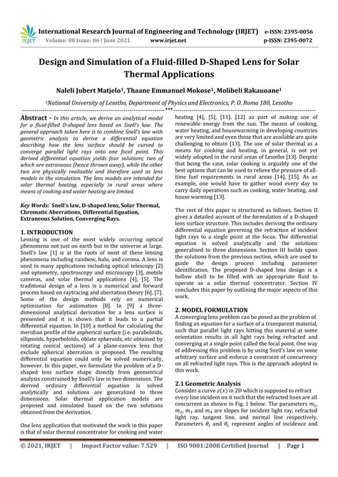 Irjet Design And Simulation Of A Fluid Filled D Shaped Lens For Solar