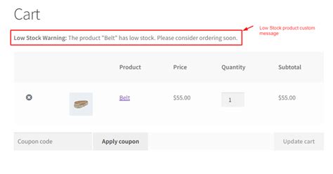 how to display custom message for low stock product in woocommerce cart
