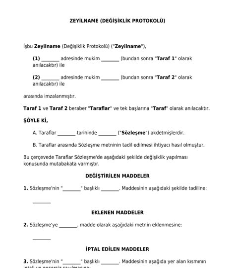 Sözleşmede Değişiklik Protokolü örnek şablon