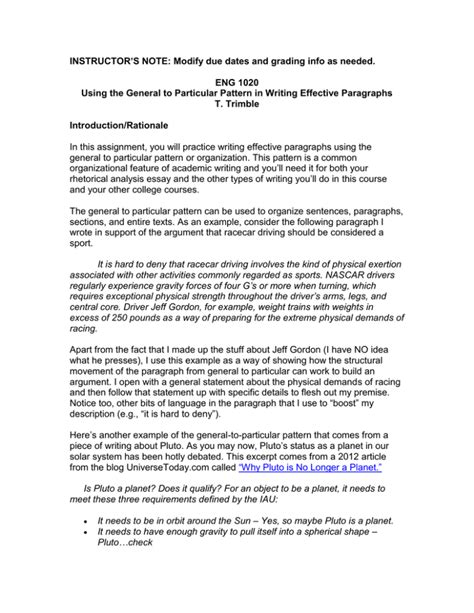 General To Particular Paragraph Writing Assignment