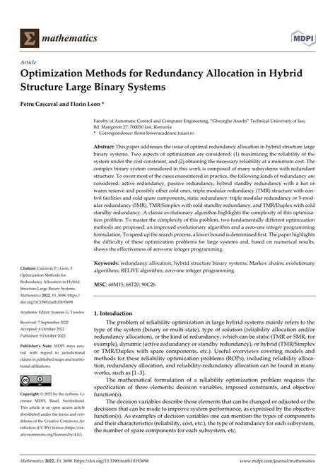 Pdf Optimization Methods For Redundancy Allocation In Hybrid Structure Large Binary Systems