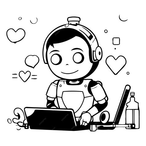 Premium Vector Cute Robot Working On Laptop Vector Illustration In Cartoon Style