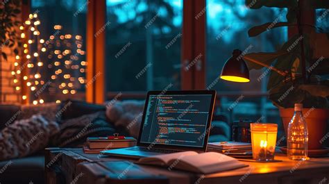 Premium Photo A Cozy Coding Setup On A Winter Evening Featuring A