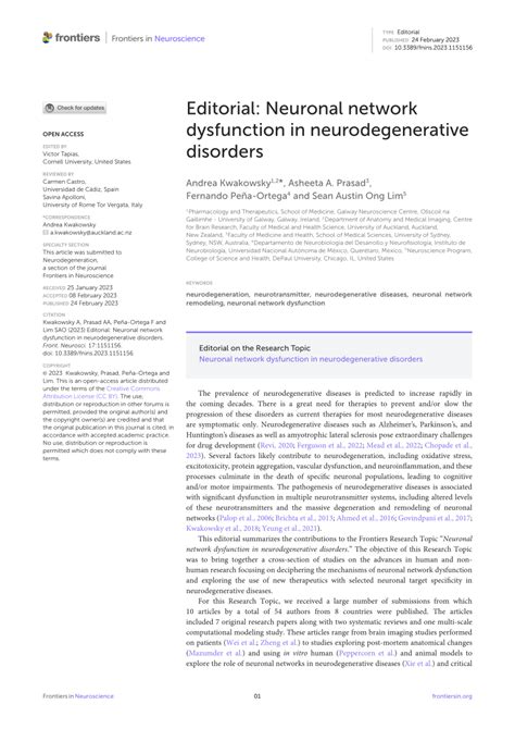 Pdf Editorial Neuronal Network Dysfunction In Neurodegenerative