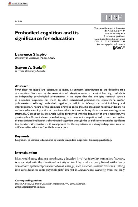 Pdf Embodied Cognition And Its Significance For Education