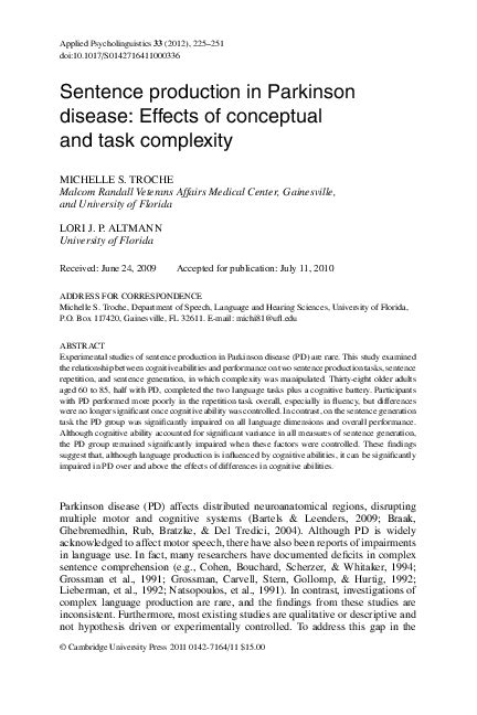 Sentence Production In Parkinson Disease Effects Of Conceptual And Task Complexity