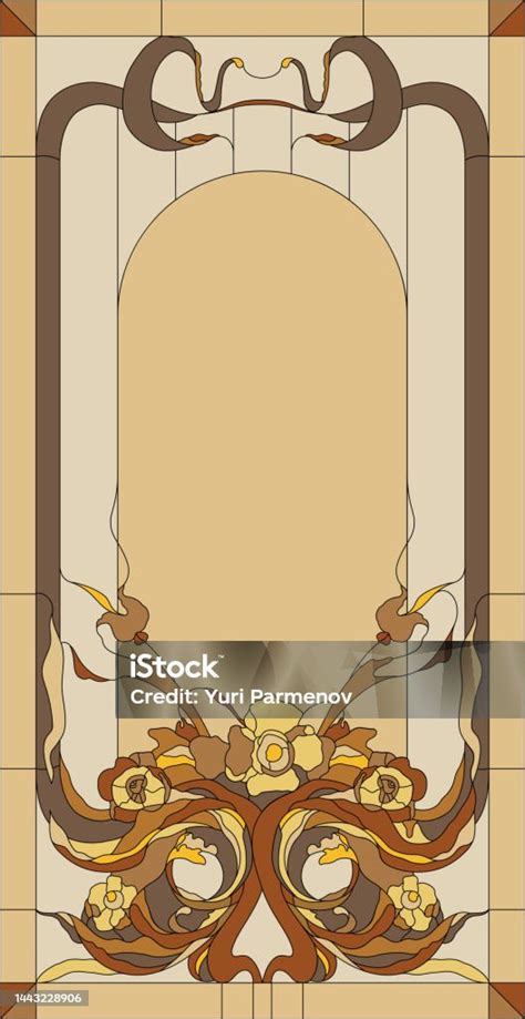 직사각형 프레임의 스테인드 글라스 패널 아르누보 스타일의 꽃 봉오리와 잎의 추상적 인 꽃꽂이 창문이나 문 장식 디자인 벡터 그림입니다 0명에 대한 스톡 벡터 아트 및 기타