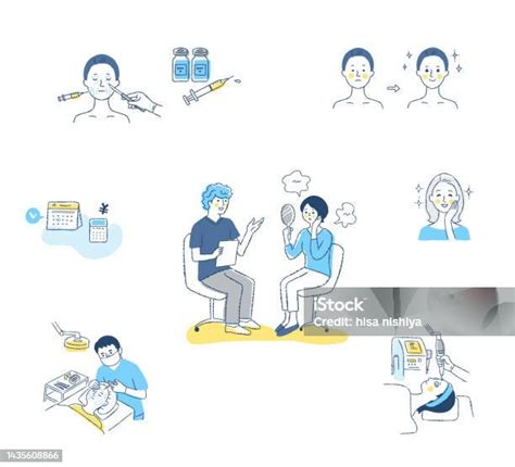 미용 피부과 및 성형 수술의 다양한 장면의 일러스트 세트 마취제에 대한 스톡 벡터 아트 및 기타 이미지 마취제 성형수술 걱정하는 Istock