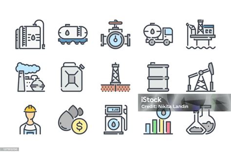 석유 및 가스 산업 관련 컬러 라인 아이콘 세트 연료 산업 다채로운 선형 아이콘 가솔린 플랫 컬러 윤곽선 벡터 기호 컬렉션 가솔린에 대한 스톡 벡터 아트 및 기타 이미지