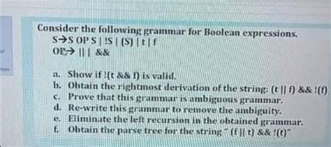 Solved Consider The Following Grammar For Boolean