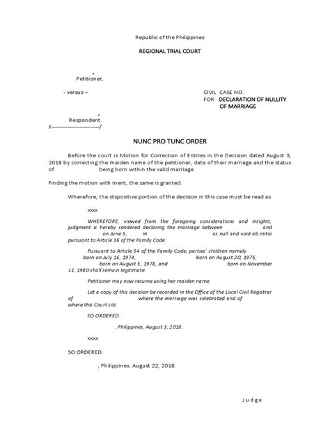 Sample Of Nunc Pro Tunc Order