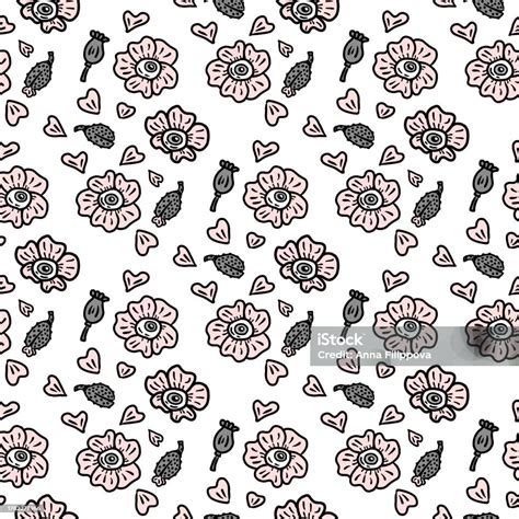 큰 눈의 양귀비 꽃과 새싹이 있는 고딕 양식의 완벽 한 패턴입니다 티 종이 직물 및 직물을 위한 미스틱 프린트 손으로 그린 벡터 그림입니다 T 셔츠에 대한 스톡 벡터 아트