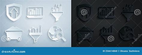 Set Sales Funnel With Chart Coal Mine Trolley Search Globe Laptop Graph And Financial Growth