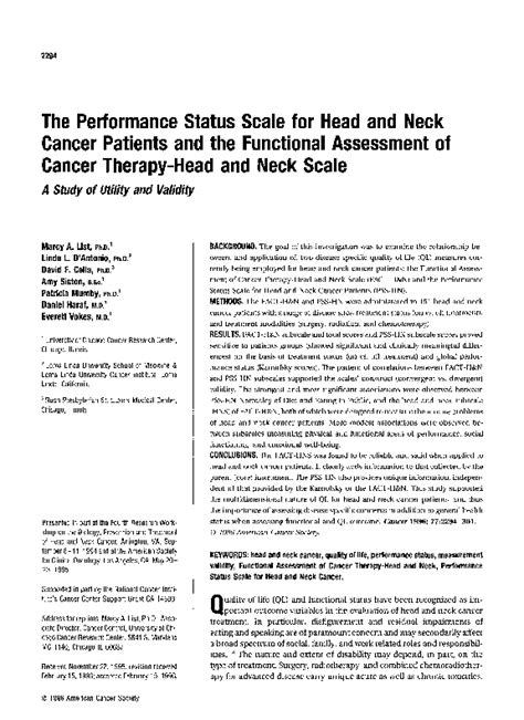 Pdf The Performance Status Scale For Head And Neck Cancer Patients And The Functional