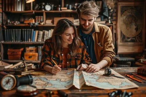 Young Couple Is Preparing Special Quest In Their Adventurous Laboratory Using Maps Premium Ai
