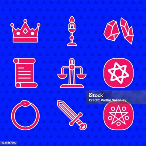 세트 천칭 자리 조디악 중세 칼 원에 펜타그램 타로 카드 오로 보로스 법령 양피지 스크롤 매직 스톤과 킹 크라운 아이콘 벡터 결정체에 대한 스톡 벡터 아트 및 기타 이미지