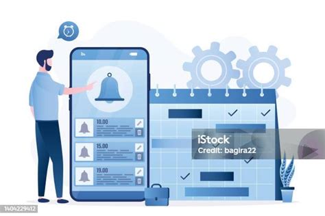사업가는 스마트 폰에 알림과 알람 시계를 설정합니다 메모가 있는 종이 달력 휴대 전화 화면에 알람 벨 및 시간 관리 응용 프로그램 회의 및 작업 일정 Brand Name