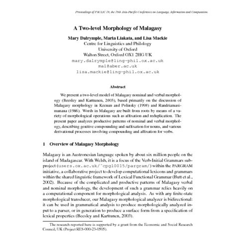 A Two Level Morphology Of Malagasy Acl Anthology