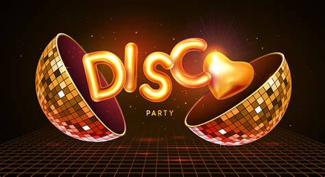 디스코 파티 타이포그래피 배경 3d 황금 금속 문자 디스코 볼 심장 및 댄스 플로어 벡터 일러스트 레이 션 3차원 형태에 대한 스톡 벡터 아트 및 기타 이미지 Istock