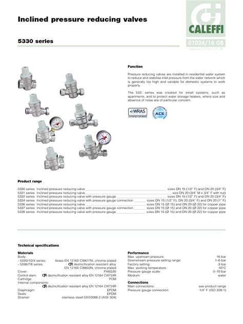Caleffi 5330 Series Pressure Reducers Pdf Valve Flow Measurement