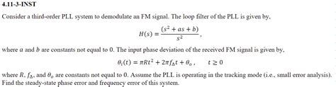 Solved Consider A Third Order Pll System To Demodulate An Fm