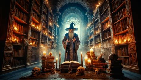 Wise Wizard Inside an Enchanted Library Surrounded by Candles, Books, and Skulls, Invoking a ...
