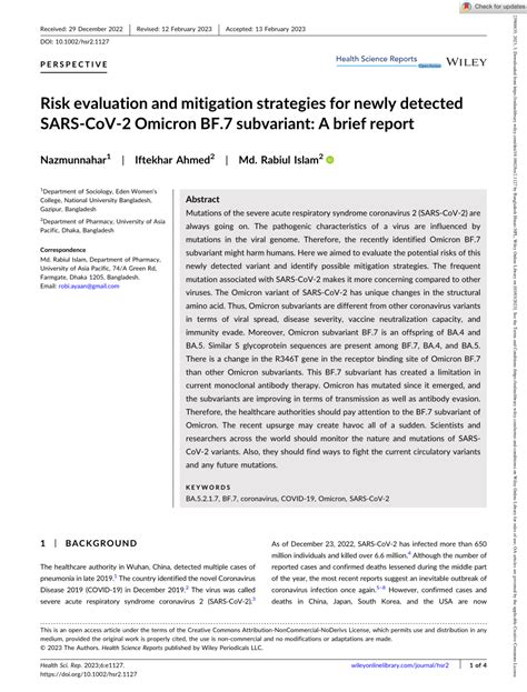Pdf Risk Evaluation And Mitigation Strategies For Newly Detected Sars‐cov‐2 Omicron Bf7