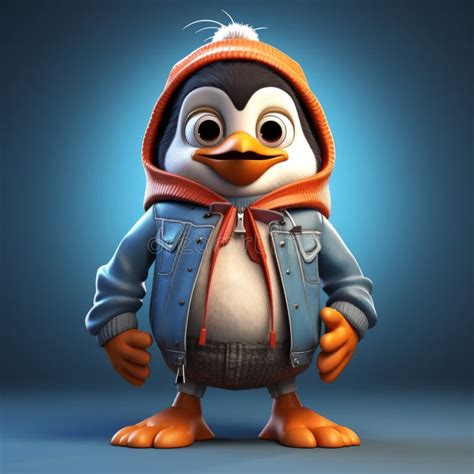 Cute Anime Inspired 3d Penguin Model In Blue Hooded Jacket Stock