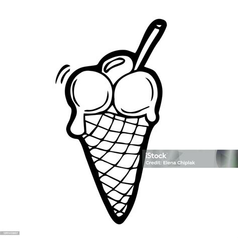 흰색 배경에 고립 된 와플 콘에 녹는 아이스크림 공 벡터 플랫 윤곽선 아이콘입니다 T 셔츠 디자인만화 스타일 일러스트의 만화 캐릭터 과일에 대한 스톡 벡터 아트 및 기타