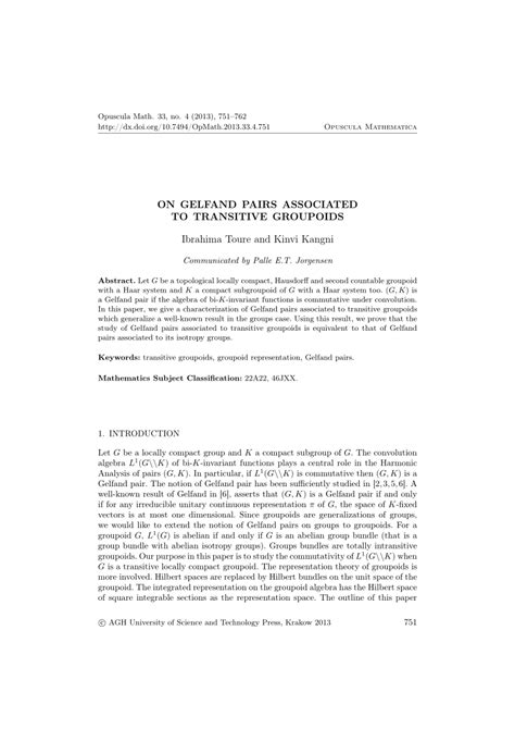 Pdf On Gelfand Pairs Associated To Transitive Groupoids