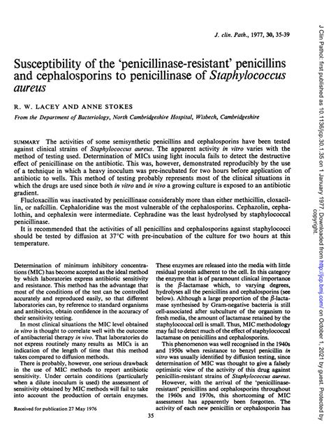 Penicillins And Cephalosporins To Penicillinase Of Staphylococcus Aureus Docslib