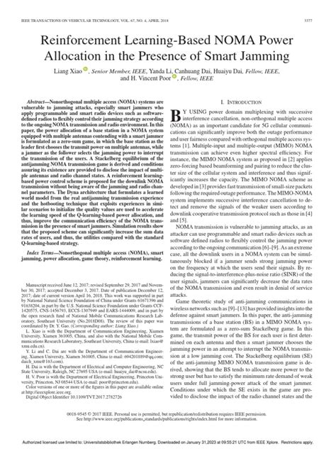 Reinforcement Learning Based Noma Power Allocation In The Presence Of Smart Jamming Pdf